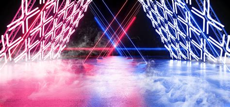 연기 공상 과학 소설 아스팔트 미래 지향적 인 삼각형 단계 빈 금속 건설 구조 터널 지 하 쇼 네온 빛나는 레이저 Led 활기찬 보라색 파란색 그런 지 콘크리트 가상 3d