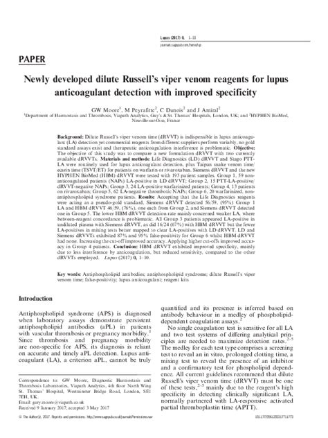 Pdf Newly Developed Dilute Russells Viper Venom Reagents For Lupus Anticoagulant Detection