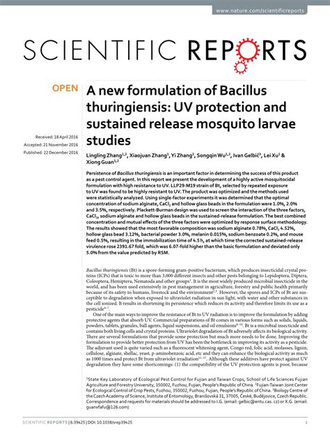 Pdf A New Formulation Of Bacillus Thuringiensis Uv Protection And