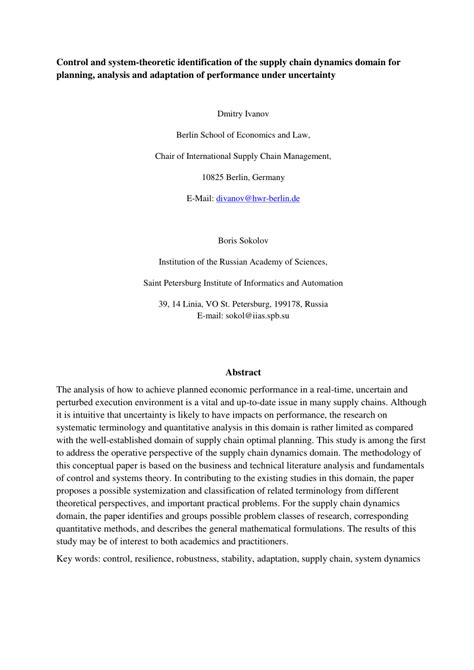 Pdf Control And System Theoretic Identification Of The Supply Chain Dynamics Domain For