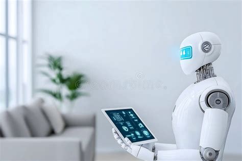 Futuristic Humanoid Robot Using A Digital Tablet In Modern Interior Environment Symbolizing