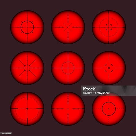다양한 무기 열 적외선 광경 저격 소총 광학 범위 십자선이 있는 사냥용 총 뷰파인더 조준 사격 마크 기호 군사 표적 기호입니다 게임 Ui 요소입니다 벡터 그림 감시에 대한