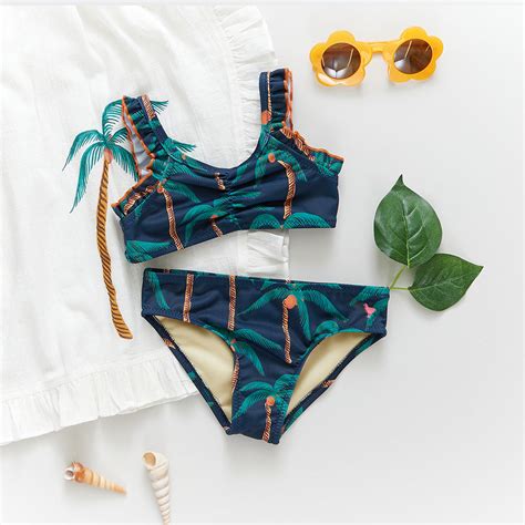 Girls Claire Bikini Navy Palm Trees Pink Chicken