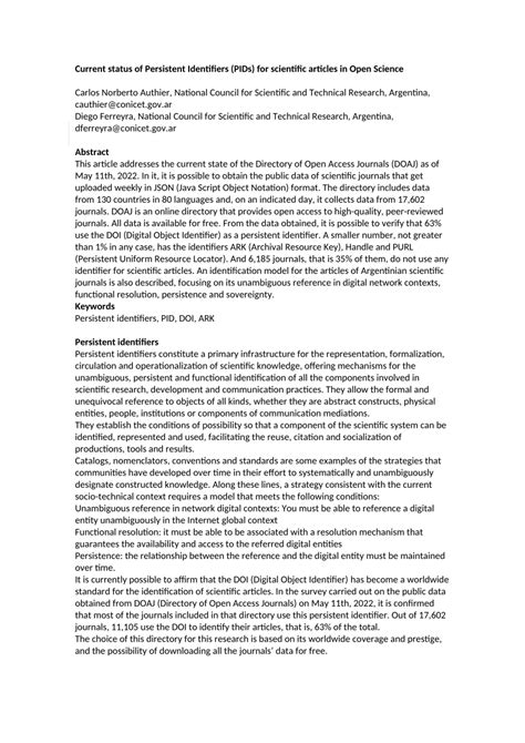 Pdf Current Status Of Persistent Identifiers Pids For Scientific Articles In Open Science