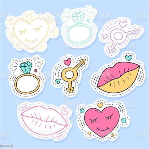 만화 스타일의 사랑 스티커 핀 패치 및 필기 컬렉션의 집합입니다 옷 카드 배지 아이콘 엽서 배너 태그 스티커 인쇄에 대한 재미있는 인사말 개념에 대한 스톡 벡터 아트 및