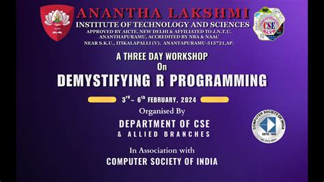 A Three Day Workshop On Demystifying R Programming Dept Of Cse Alts Youtube