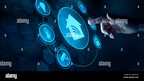 Smart Home Control Interface With Finger Touching Smart Home Assistant Button On Virtual Screen