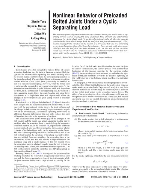Pdf Nonlinear Behavior Of Preloaded Bolted Joints Under A Cyclic
