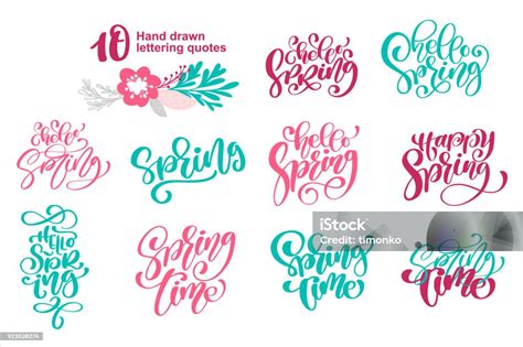 인용문 안녕하세요 봄 시간 카드 서식 파일을 설정 합니다 손으로 그려 글자 디자인에 대 한 붓글씨 요소입니다 벡터 일러스트 레이