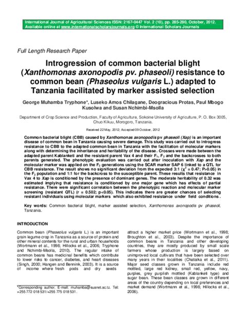 Pdf Introgression Of Common Bacterial Blight Xanthomonas Axonopodis Pv Phaseoli Resistance