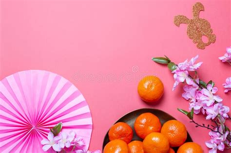 Chinese Or Lunar New Year Flat Lay With Paper Decorations Mandarins