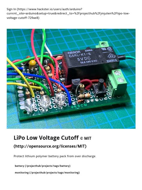 lipo low voltage cutoff arduino project hub pdf relay electronic circuits