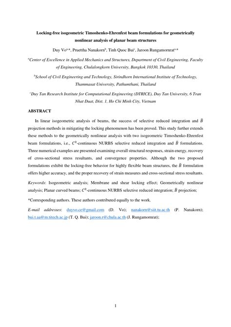 Pdf Locking Free Isogeometric Timoshenko Ehrenfest Beam Formulations For Geometrically