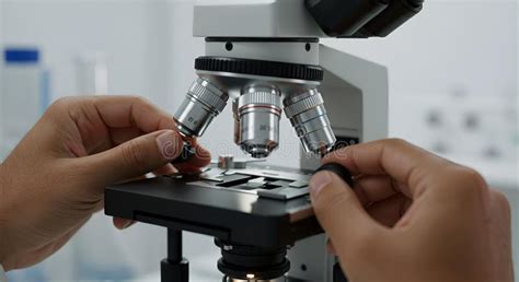 A Close Up Of A High Tech Microscope With Sharp Details A Scientist S Hands Adjusting The Focus