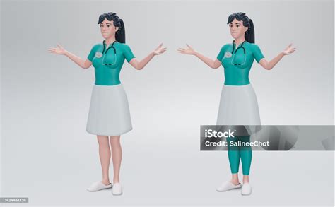 3d 렌더링 만화 캐릭터 젊은 여성 의사가 손을 들고 의사 전체 길이 여성 의사 유니폼 의료용 가운과 긴 무릎 길이 치마 3차원 인쇄에 대한 스톡 사진 및 기타 이미지