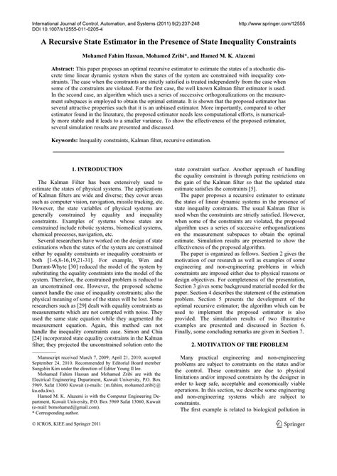 Pdf A Recursive State Estimator In The Presence Of State Inequality