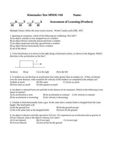 Kinematic Equations Test Motion Test Grade 11 Physics Test With Answers 10 Teaching Resources