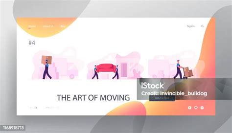 새 집 웹 사이트 방문 페이지로 이동 이전 유니폼 캐리 박스와 가구를 입고 노동자 전문 배달 회사 로더 서비스 웹 페이지 배너 만화 플랫 벡터 일러스트 가구에 대한 스톡