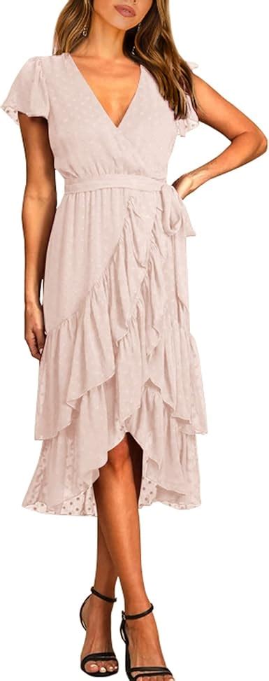Btfbm Women Casual V Neck Dresses Boho Short Sleeve Chiffon Swiss Dot