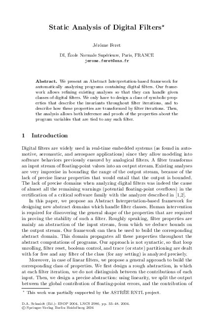 Pdf Static Analysis Of Digital Filters