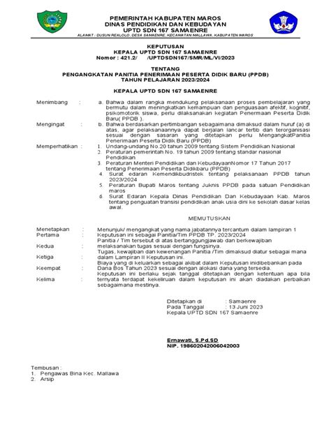 Sk Panitia Ppdb 2023 2024 Sdn 167 Samaenre Pdf