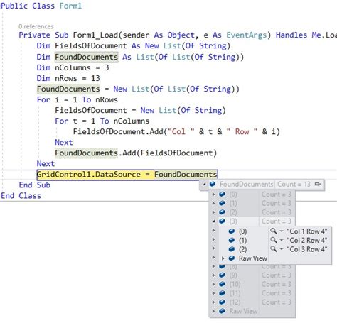 Vb Net Filling A Gridcontrol S Datasource With List Of List Of String
