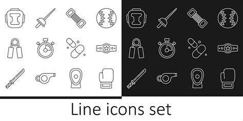 세트 라인 권투 글러브 벨트 가슴 확장기 스톱워치 스포츠 헬멧 비타민 알약 및 펜싱 아이콘 벡터 가방에 대한 스톡 벡터 아트 및