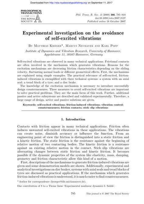 Pdf Experimental Investigation On The Avoidance Of Self Excited Vibrations