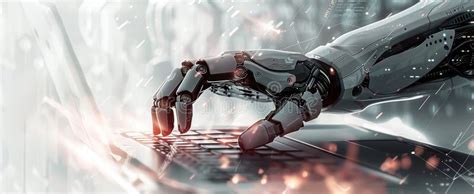 Futuristic Robot Hand Typing On A Laptop Keyboard With Digital