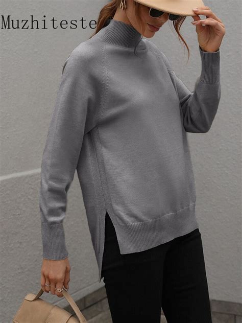 Badu Bg Есен зима нов чистоцветен дамски пуловер с висока яка Badu Bg