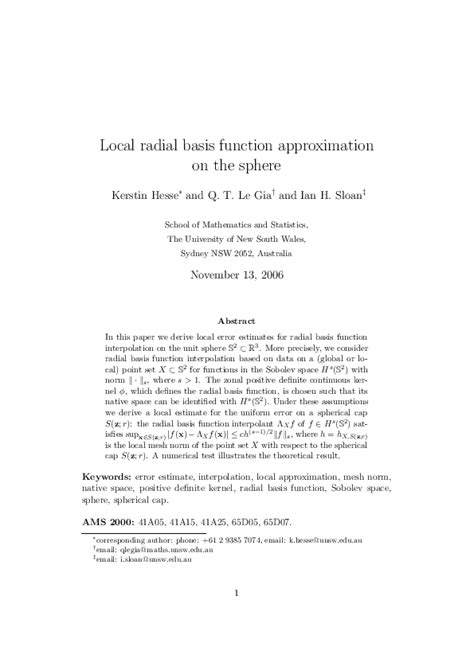 Pdf Local Radial Basis Function Approximation On The Sphere Q Le Gia