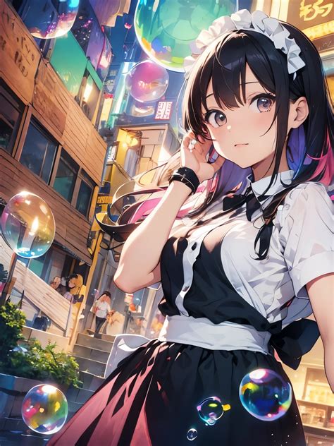 Anime Girl In Maid Outfit Blowing Bubbles In The Air Seaart Ai