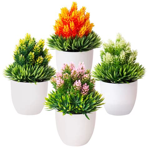 Tripumer 4pcs Small Artificial Pine Needle Potted Plants Fake Flowe