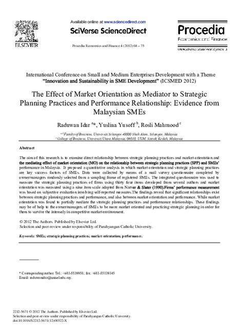 Pdf The Effect Of Market Orientation As Mediator To Strategic Planning Practices And