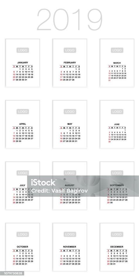 주요 일정 계획자 2019 주 월요일에 시작 12 개월 1 월12 월 달력 서식 파일 크기 A4의 세트 흰색 배경 설정된 책상
