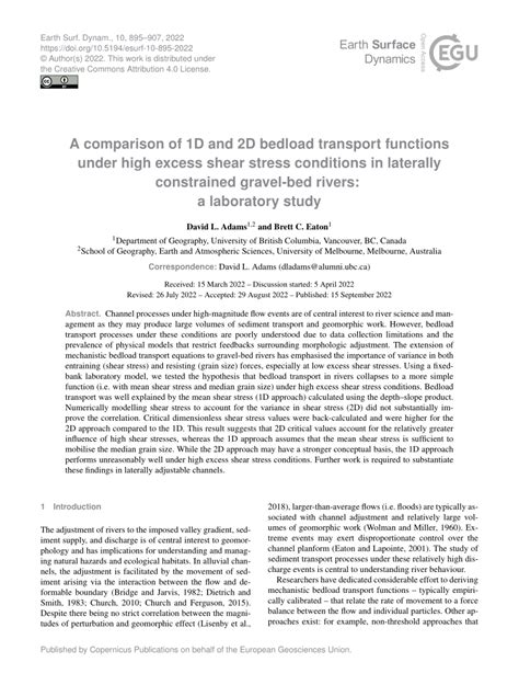 Pdf A Comparison Of 1d And 2d Bedload Transport Functions Under High Excess Shear Stress