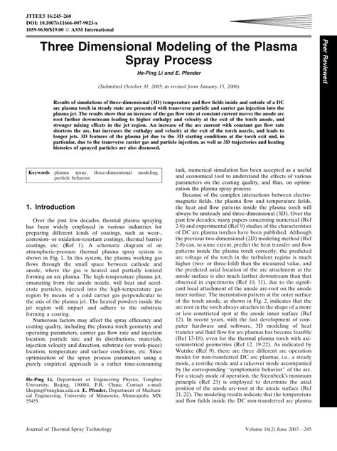 Pdf Three Dimensional Modeling Of The Plasma Spray Process