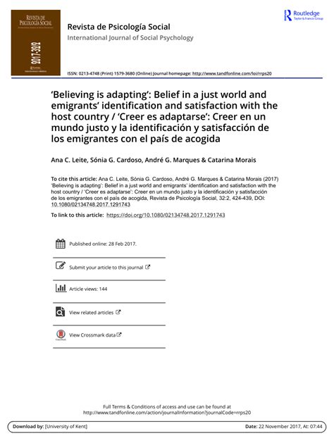 Pdf ‘believing Is Adapting Belief In A Just World And Emigrants Identification And