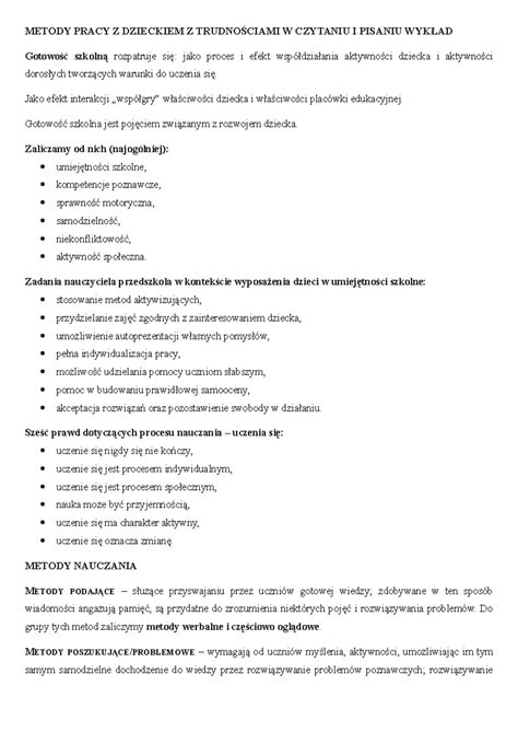 Metody Pracy Z Dzieckiem Z Trudno Ciami W Czytaniu I Pisaniu Metody Pracy Z Dzieckiem Z Studocu