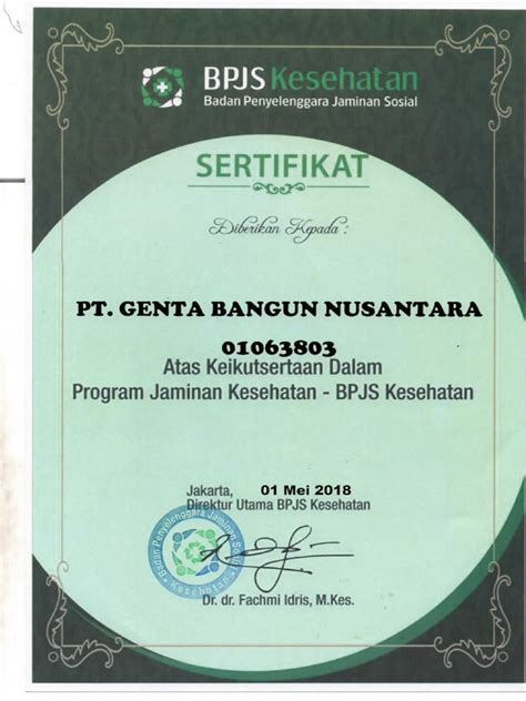 Sertifikat Bpjs Kesehatan 01 Mei 2018 Pdf
