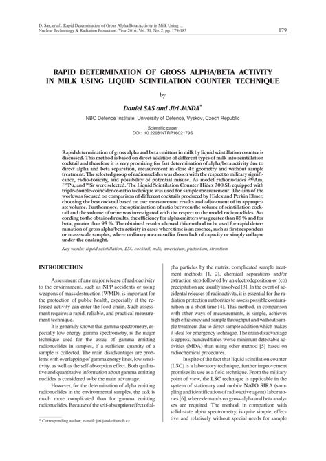 Pdf Rapid Determination Of Gross Alpha Beta Activity In Milk Using Liquid Scintilation Counter
