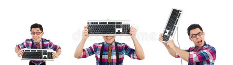 Computer Nerd With Keyboard Isolated On White Stock Photo Image Of Businessman Isolated