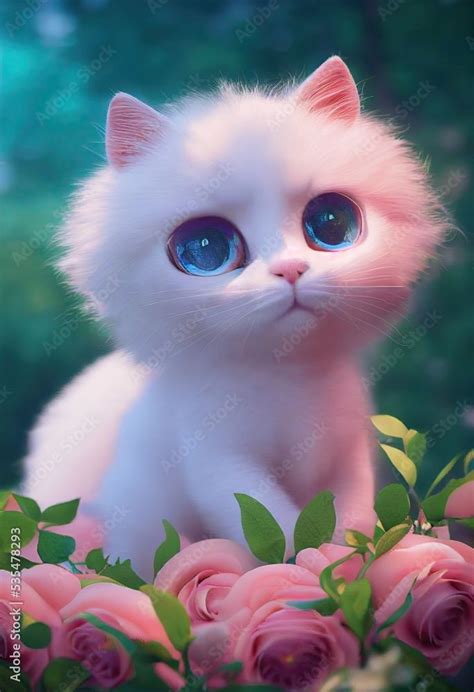 Pink Kitten With Spring Flowers Dessin Kawaii Animaux