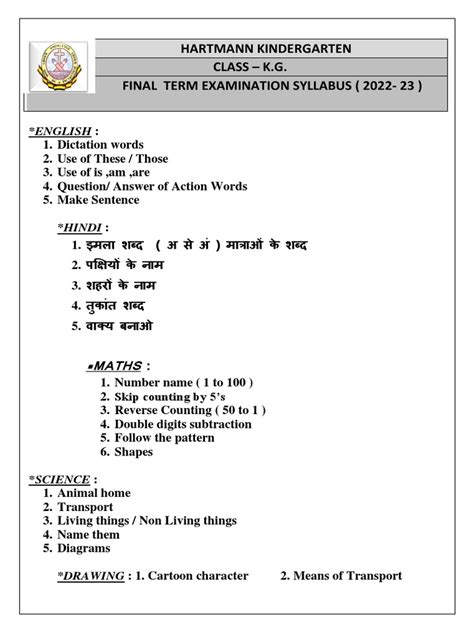 K G Final Syllabus 2022 2023 Pdf