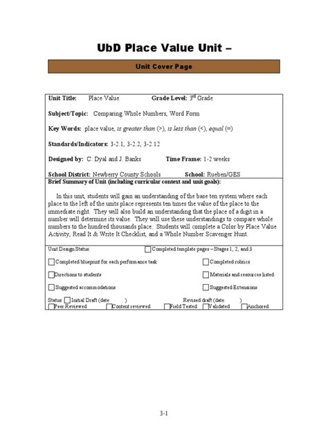 Ubd Place Value Unit Brief Summary Of Unit Including Curricular Context And Unit Goals