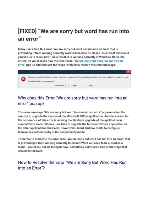 Ppt Fixed “we Are Sorry But Word Has Run Into An Error” Powerpoint Presentation Id11919915