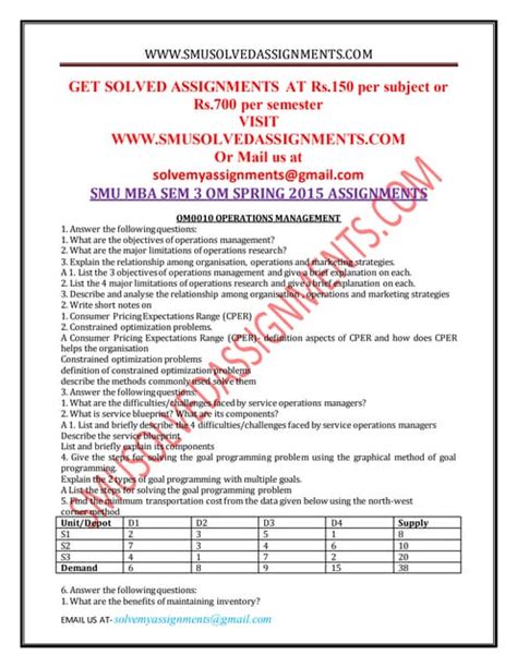 Smu Mba Sem 3 Om Spring 2015 Assignments Pdf