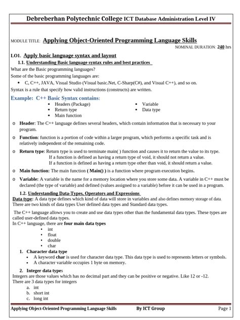 Ict Its4 05 0811 Apply Object Oriented Programming Language Skills