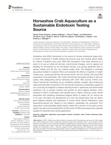 Pdf Horseshoe Crab Aquaculture As A Sustainable Endotoxin Testing Source