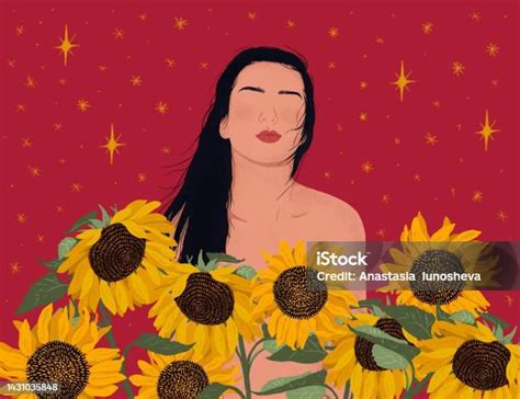 해바라기 사이에 긴 검은 머리카락을 가진 백인 소녀 현대적인 평면 그림 검정 머리에 대한 스톡 벡터 아트 및 기타 이미지 검정 머리 관능 귀여운 Istock
